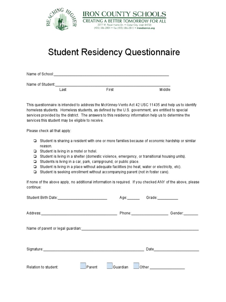 student residency questionnaire