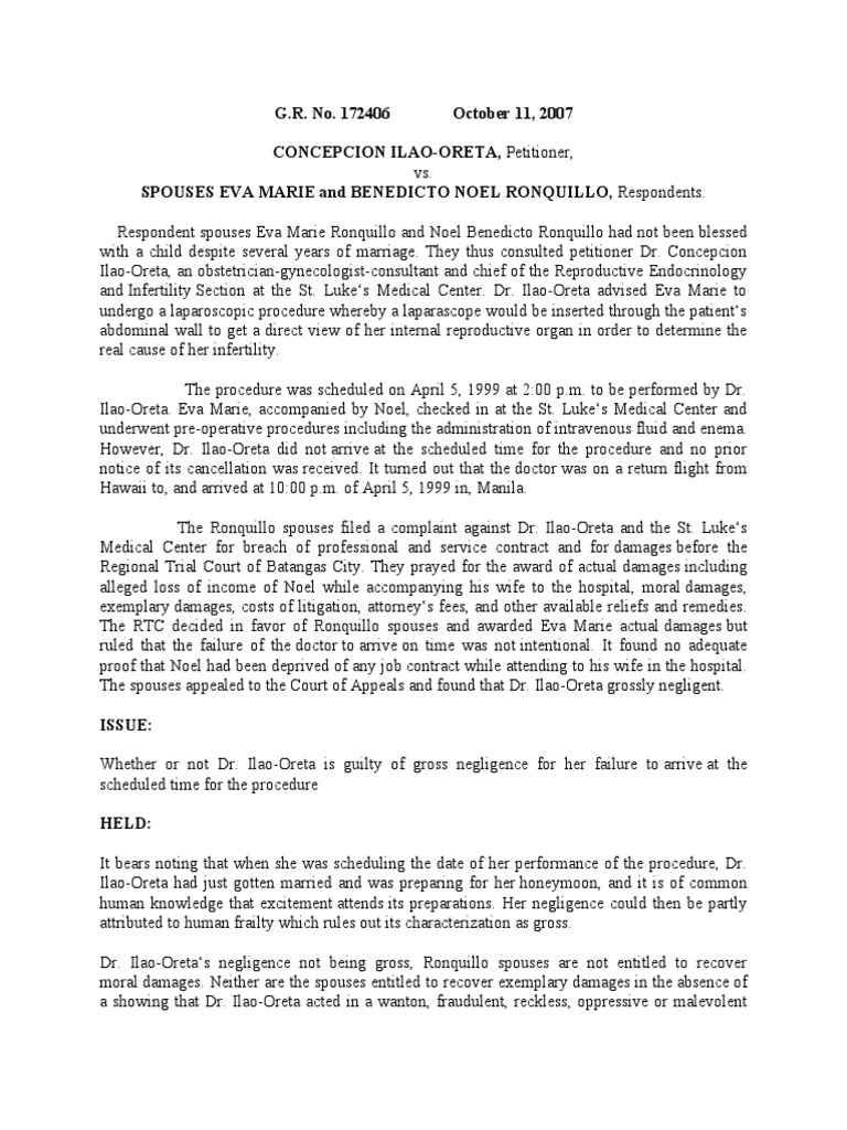 Gross Negligence Case: Ilao-Oreta Ruling | PDF | Damages | Complaint