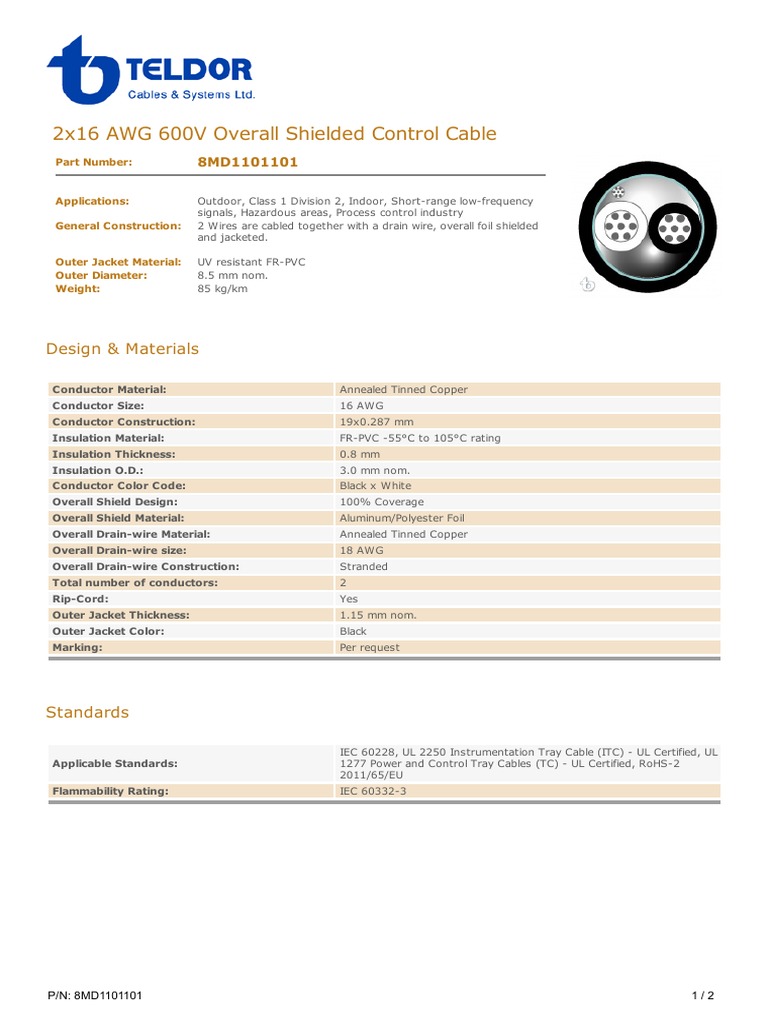 2x16 AWG Shielded Control Cable | PDF | Electrical Conductor ...