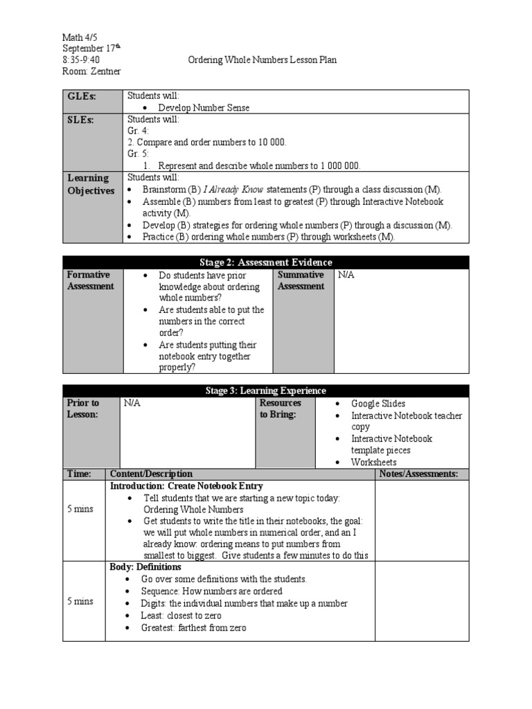 Ordering Whole Numbers Lesson Plan | PDF | Lesson Plan | Communication