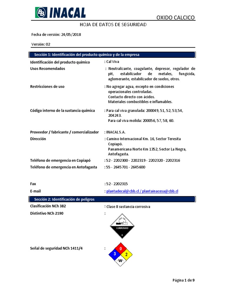 Hoja de Seguridad: Cal Viva (Óxido Cálcico) | PDF | Agua | Reanimación ...