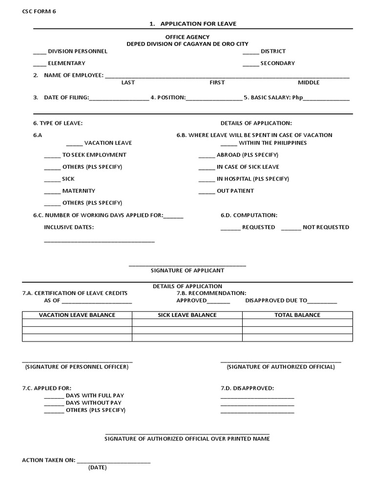 Leave Form CSC Form 6 | PDF | Labor | Government