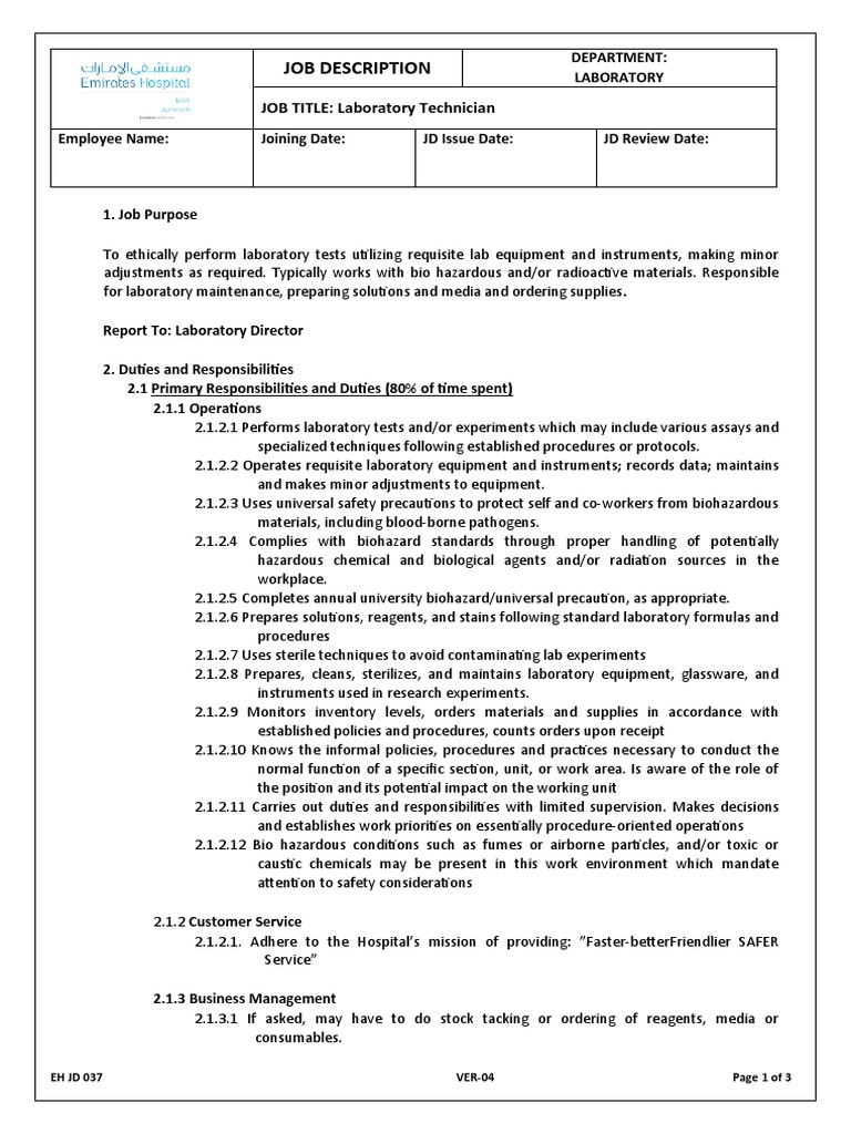 Job Description: JOB TITLE: Laboratory Technician | PDF | Laboratories ...