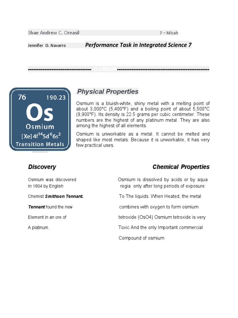 Physical and Chemical Properties of the Rare Metal Osmium | PDF