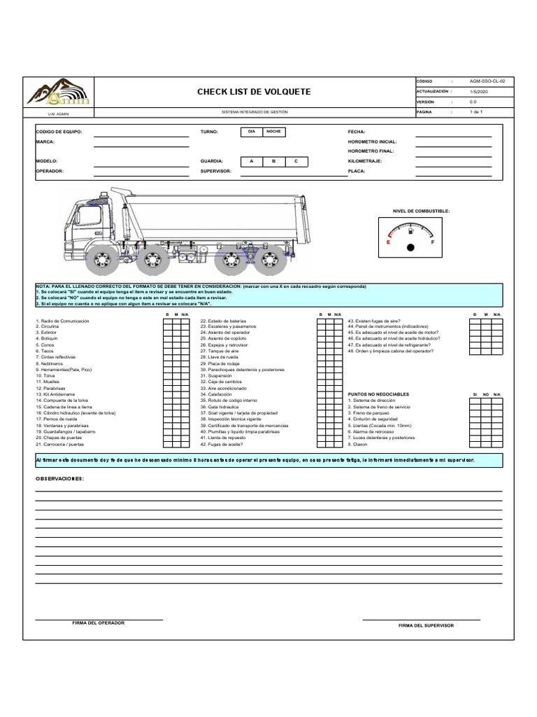 Check List de Volquetes | PDF | Tecnología de vehículos | Tecnologías ...