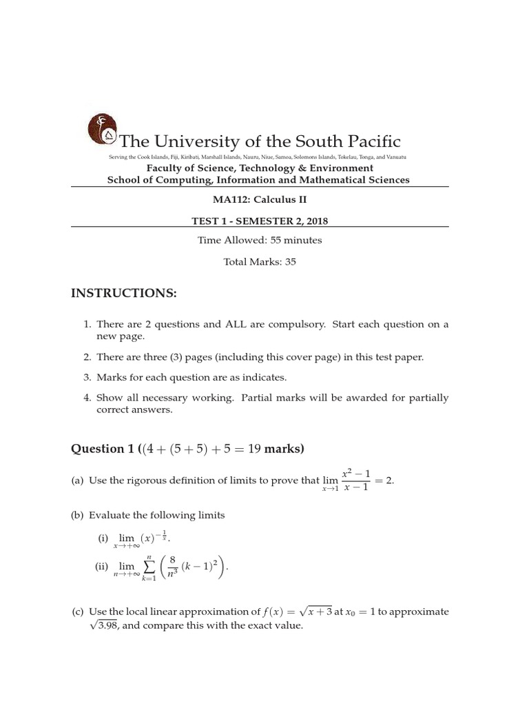 MA112 Test 1 Semester 2 2018 | PDF | Teaching Mathematics ...