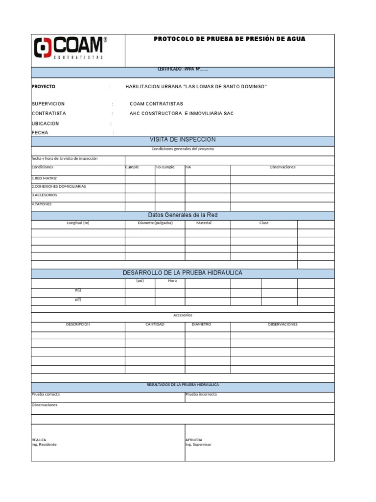 Protocolo Prueba Presion de Agua | PDF