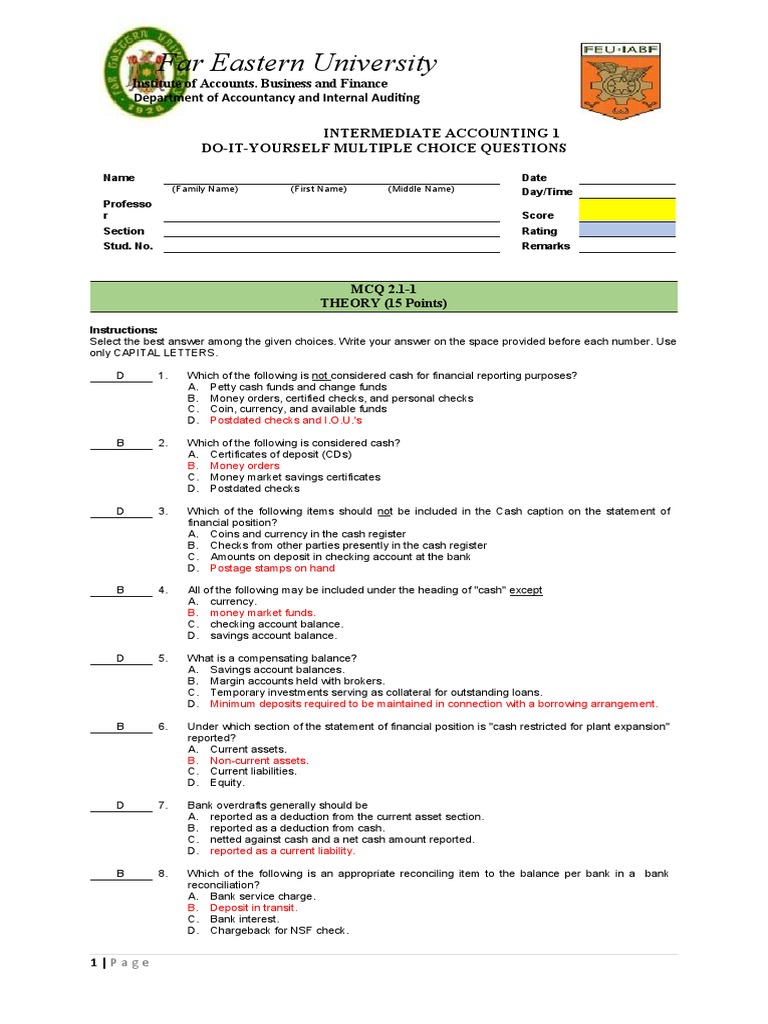 2.1F Diy-Mcq (Answer Key) | PDF | Debits And Credits | Deposit Account