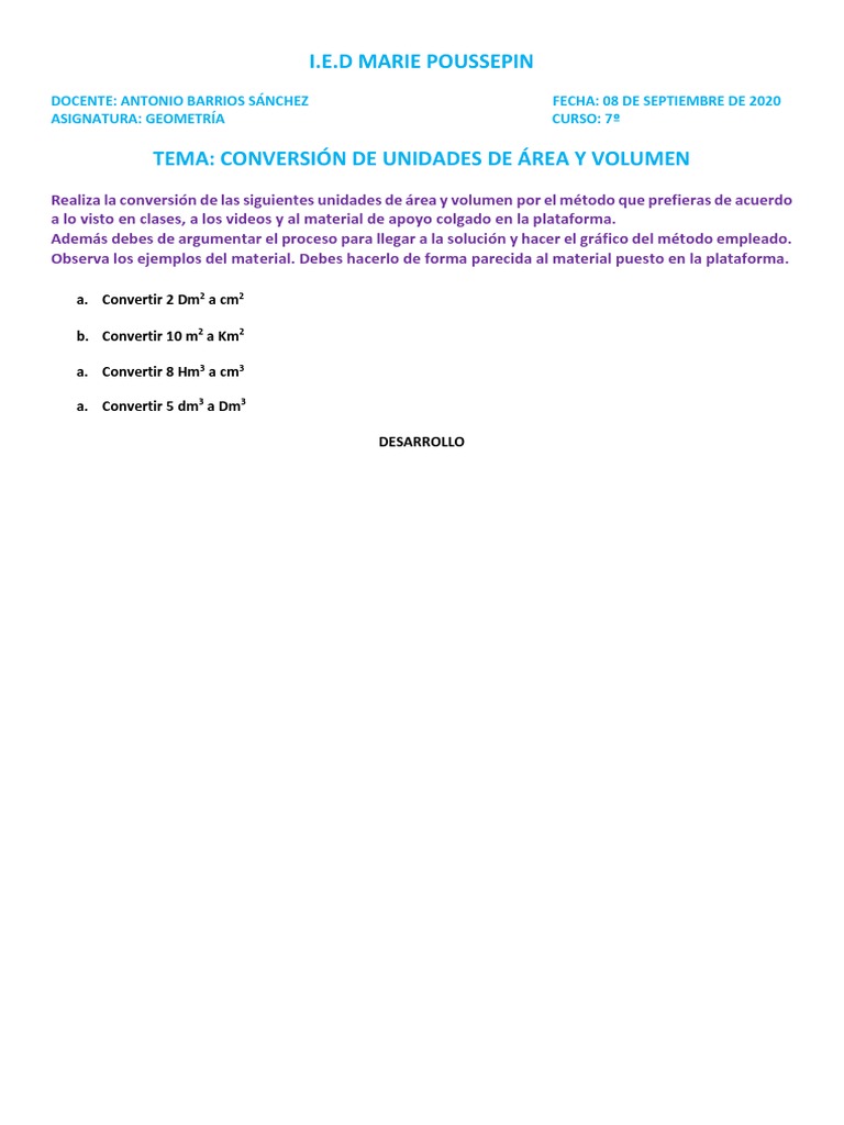 TAREA DE CONVERSIONES DE UNIDADES DE ÁREA Y VOLUMEN 7º.pdf | PDF
