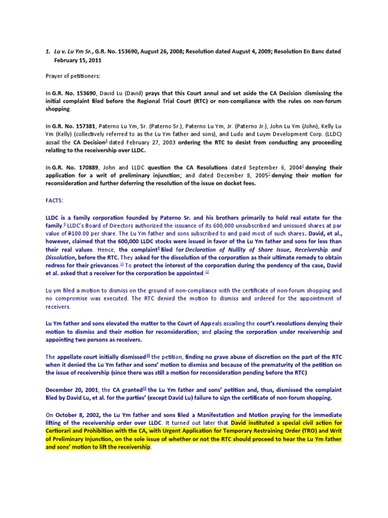 LU V LU YM Digest | PDF | Injunction | Complaint