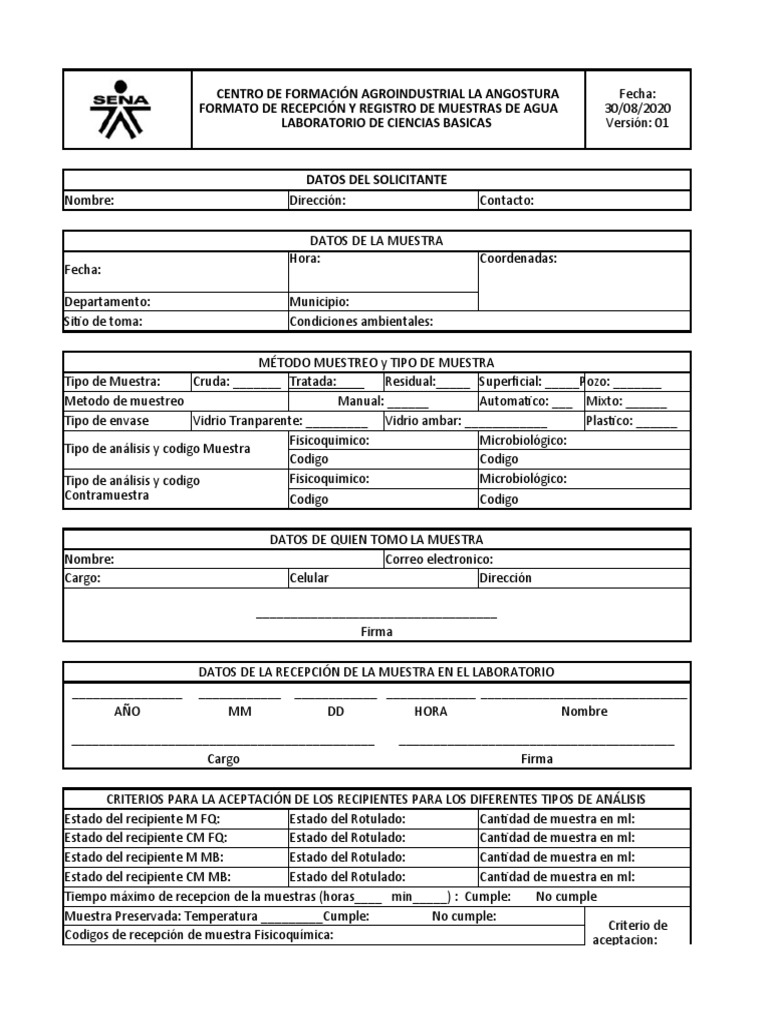 Formatos de Recepcion de Muestra en El Laboratorio | PDF | Física ...