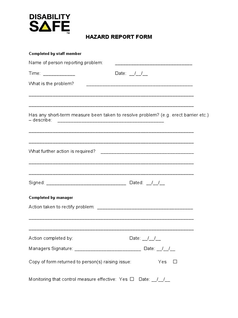 Hazard Report Form: Completed by Staff Member | PDF