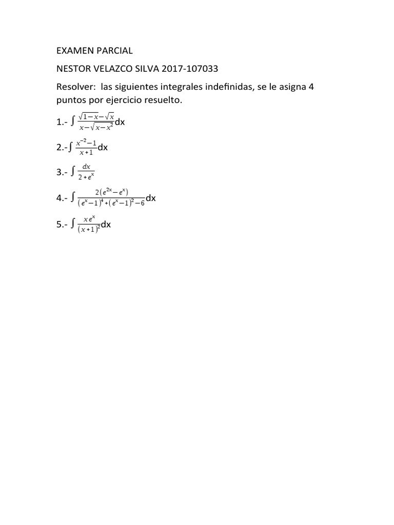 Examen de Integrales Indefinidas | PDF | Métodos y materiales de enseñanza