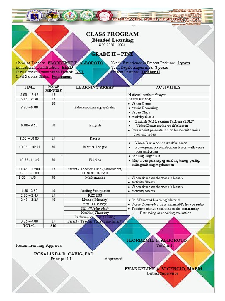Class Program: (Blended Learning) Grade Ii - Pine | PDF | Teaching ...
