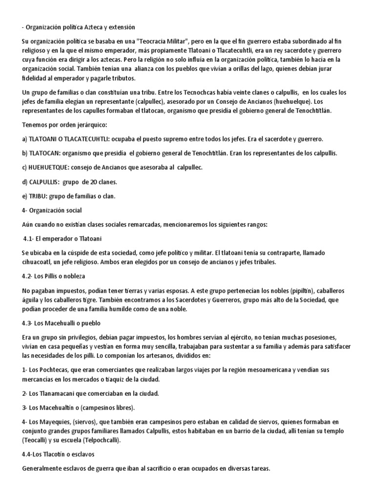Organización Política Azteca y Extensión | PDF | Imperio Inca | Nobleza