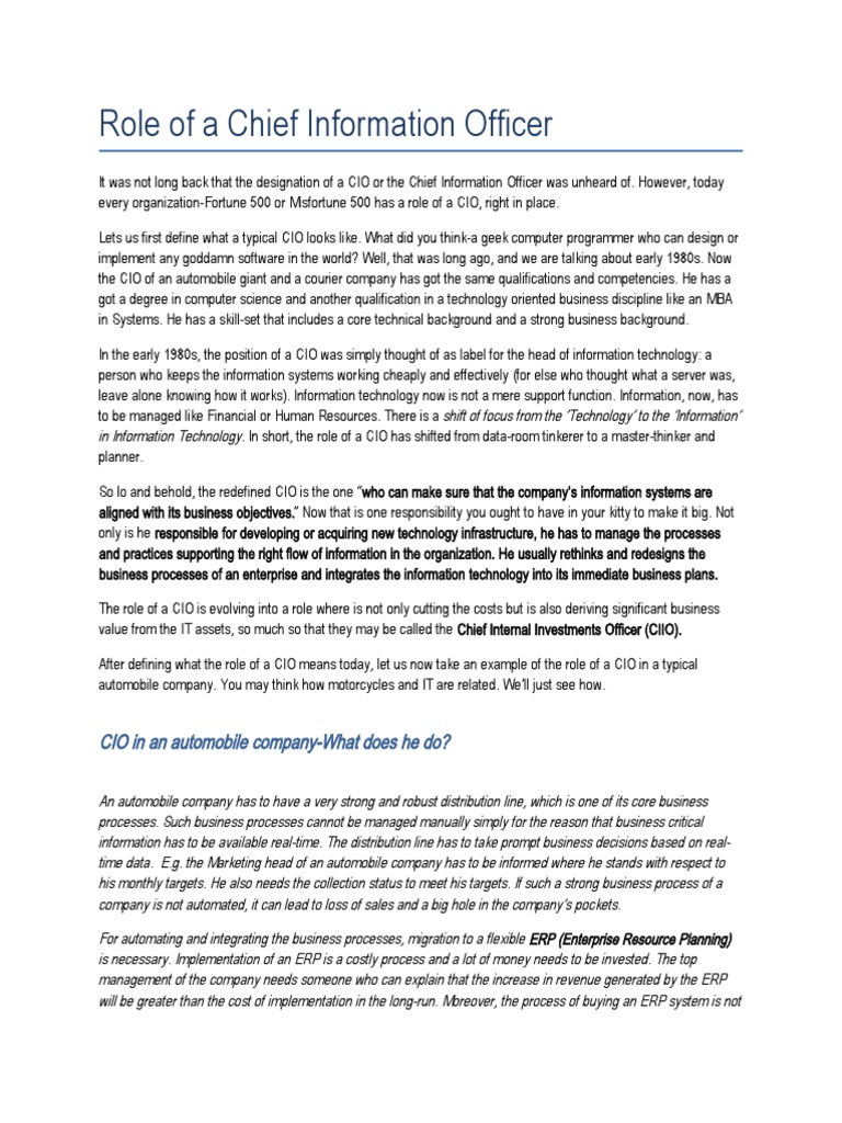 Role of CIO | PDF | Enterprise Resource Planning | Chief Information ...