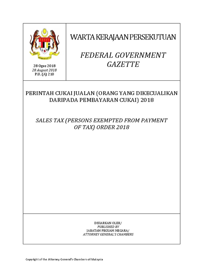 Sales Tax (Person Exempted From Payment of Tax) Order 2018 | PDF
