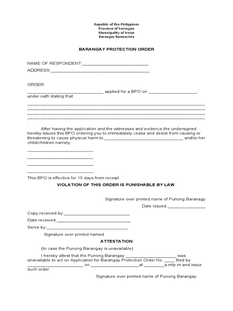 Barangay Protection Order: Republic of The Philippines Province of ...