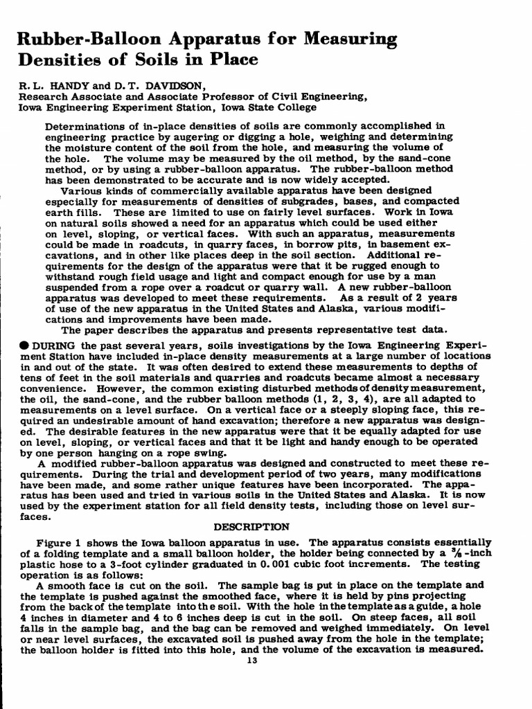 Rubber-Balloon Apparatus For Measuring Densities of Soils in Place ...