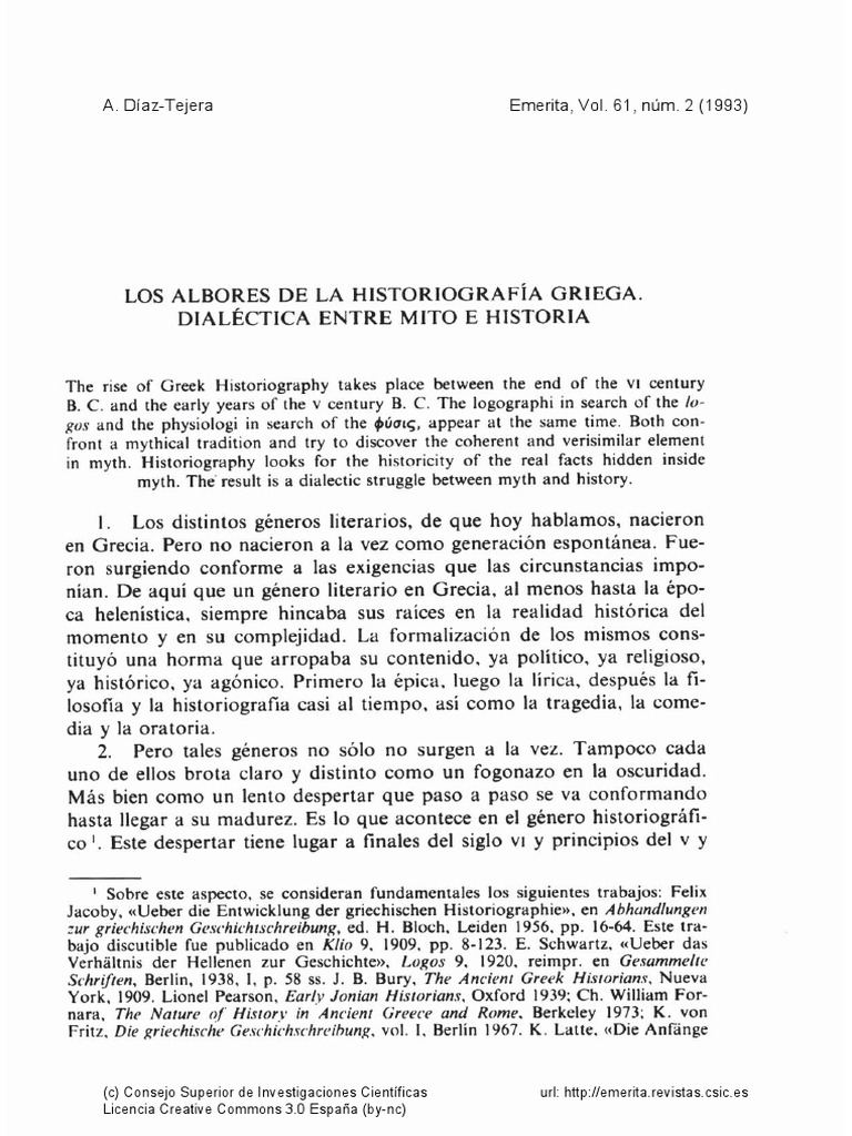 Los Albores de La Historiografía Griega. Dialéctica Entre Mito e Historia PDF | Descargar gratis ...