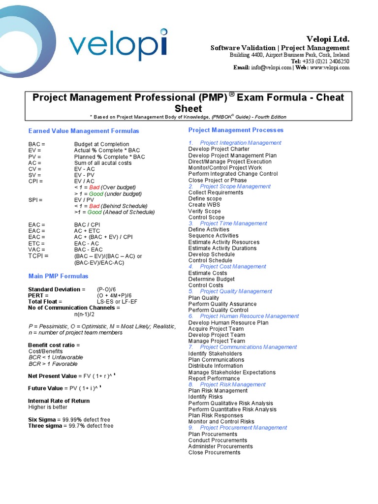Velopi PMP Cheat Sheet PDF | PDF | Project Management | Risk Management