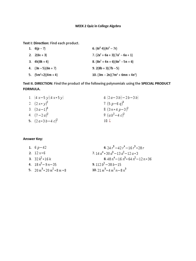 College Algebra Week 2 Quiz & Activity | PDF | Algebra | Teaching ...