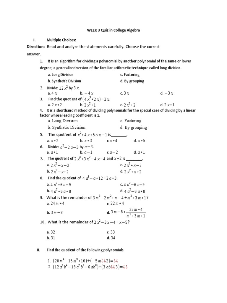 WEEK 3 Quiz in College Algebra | PDF | Factorization | Theoretical ...