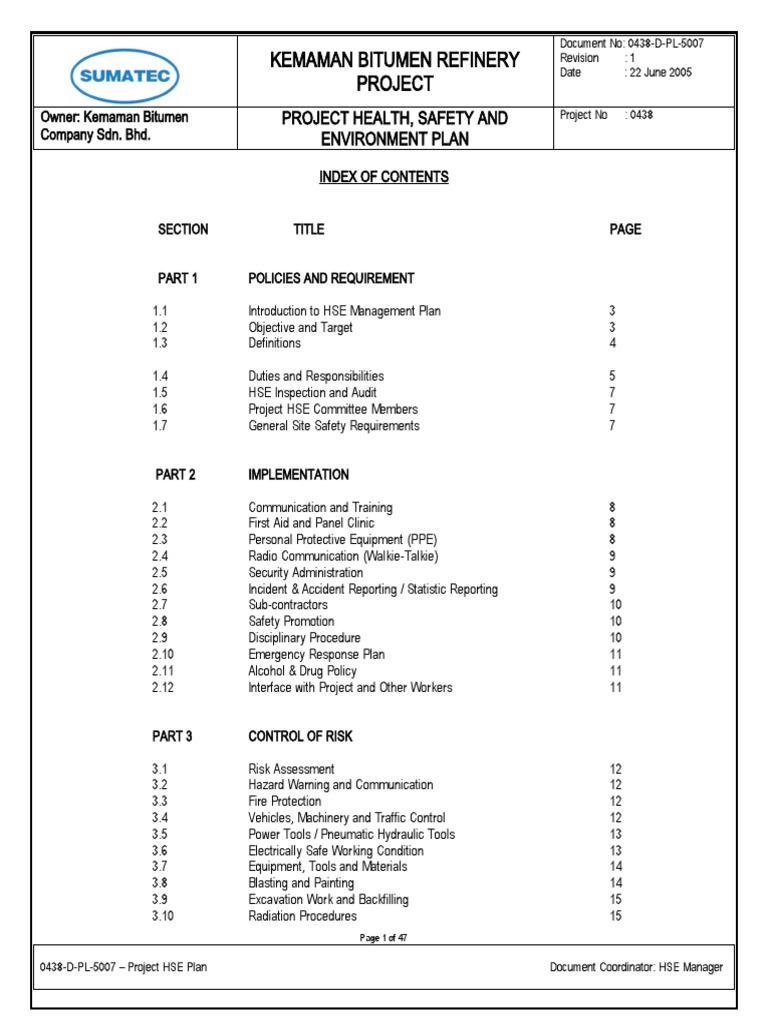 Kemaman Bitumen HSE Project Plan - FINAL1 | PDF | Occupational Safety ...