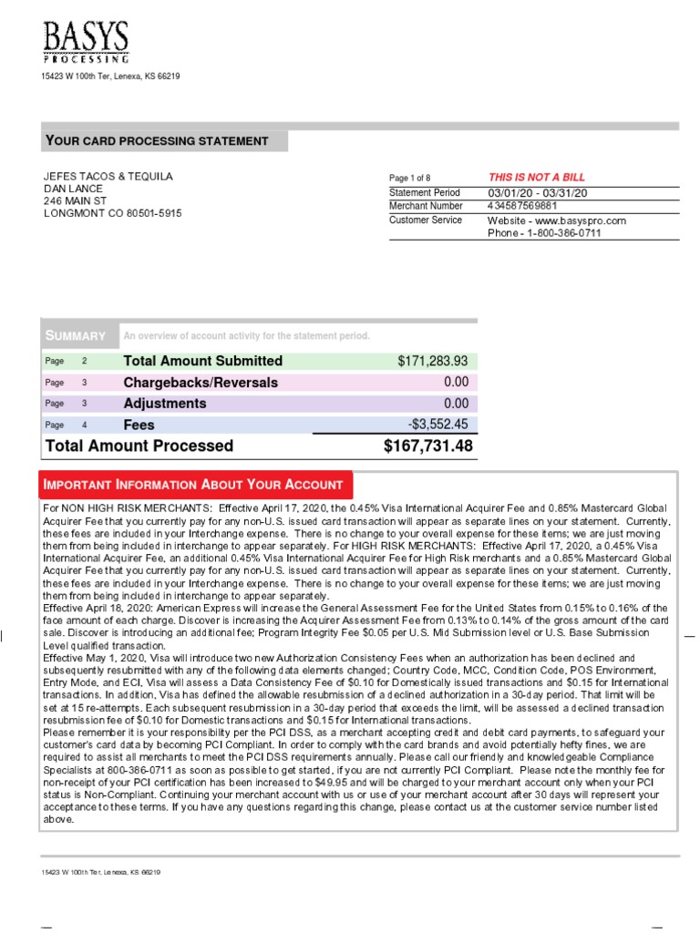 Total Amount Processed $167,731.48: Our Card Processing Statement | PDF ...