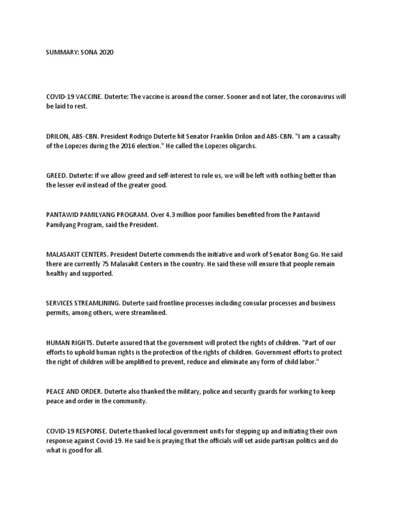 Summary - Sona 2020 | PDF | Rodrigo Duterte | Government