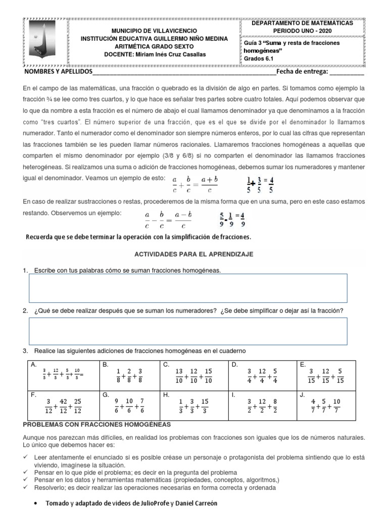 Suma y Resta de Fracciones Homogéneas | PDF | Fracción (Matemáticas ...