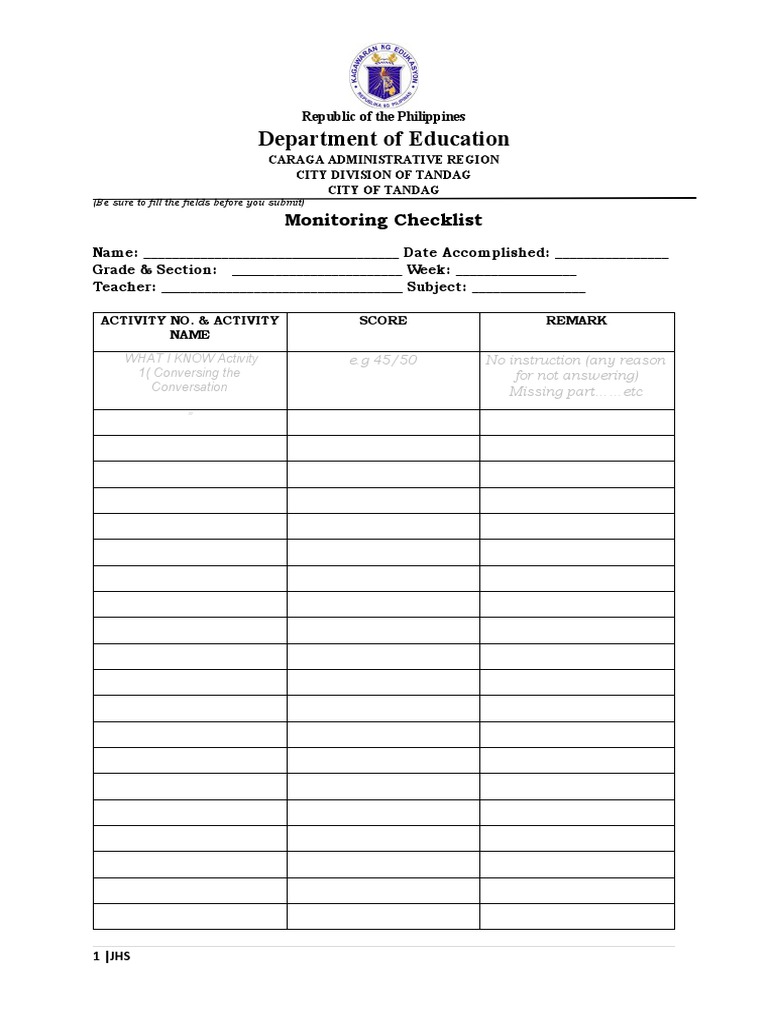 Department of Education: Monitoring Checklist | PDF