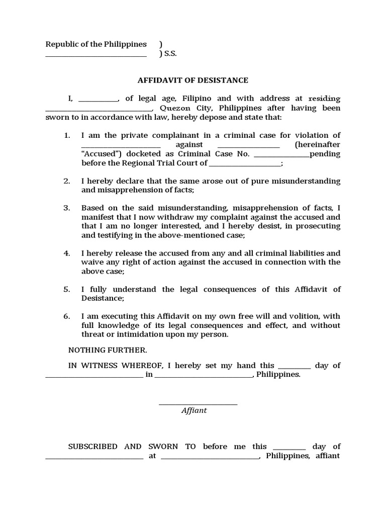 Affidavit of Desistance Sample | PDF