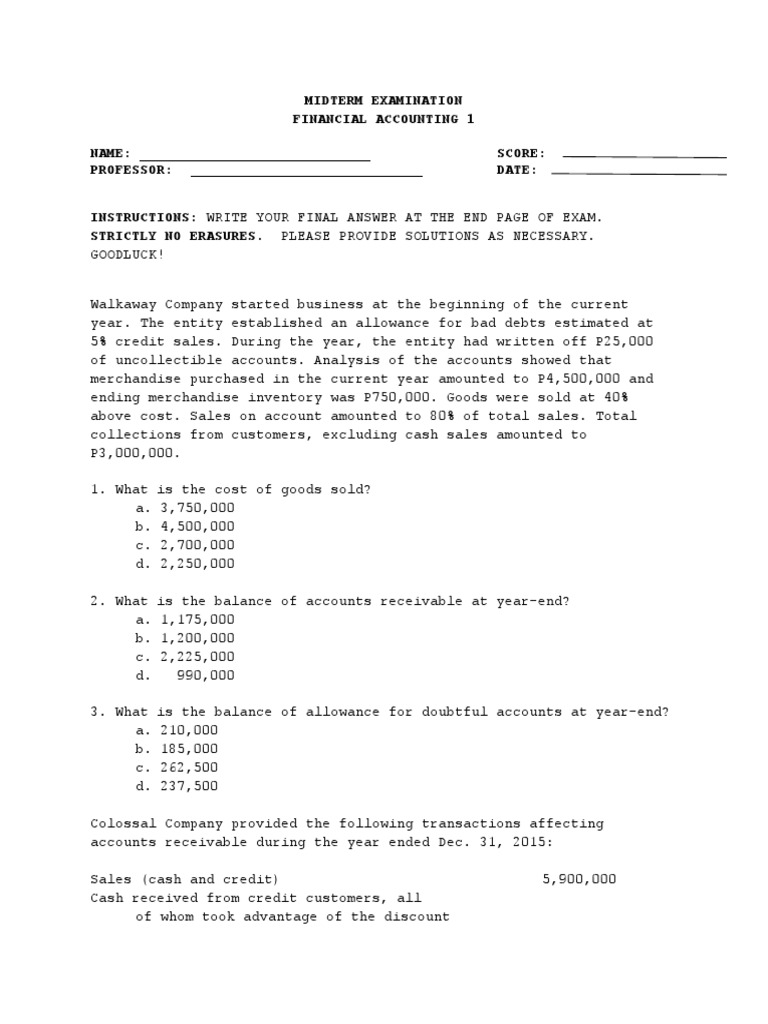 Financial Accounting Midterm Exam | PDF | Bad Debt | Loans