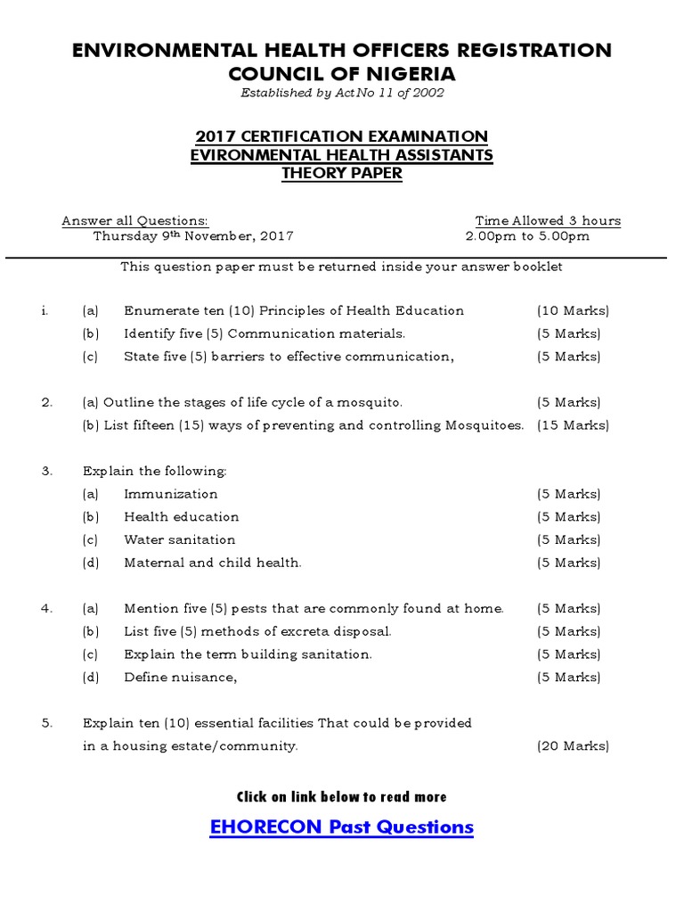 Free EHORECON Past Questions For Environmental Health AssistantS EHO | PDF