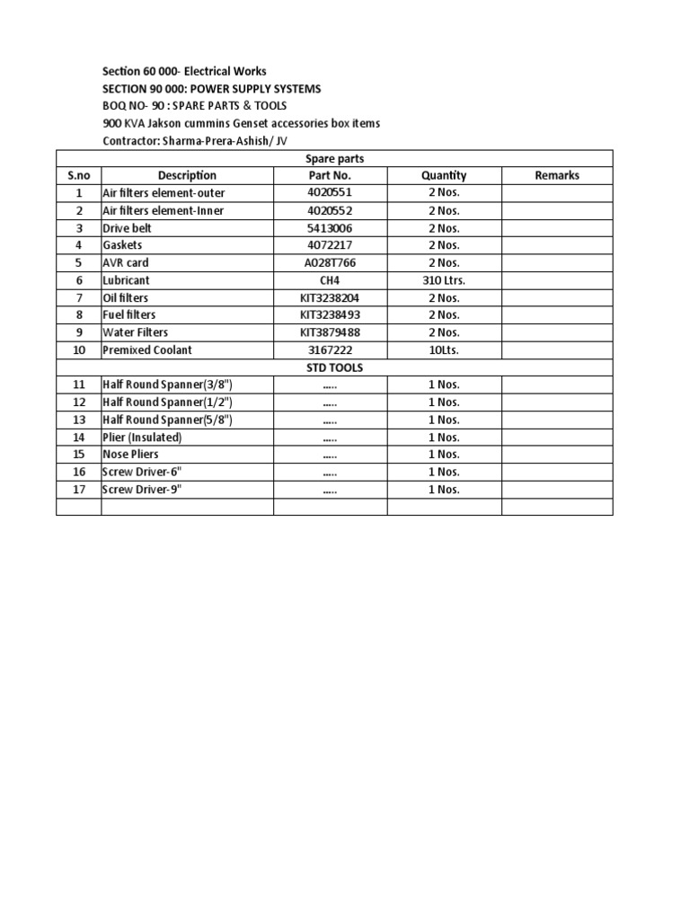 DG Spare Parts & Tools List | PDF