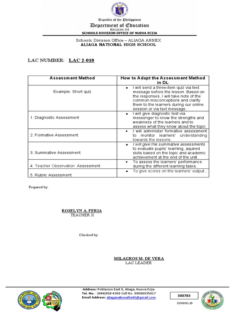 Lac Number: Lac 2-010: Assessment Method How To Adapt The Assessment ...