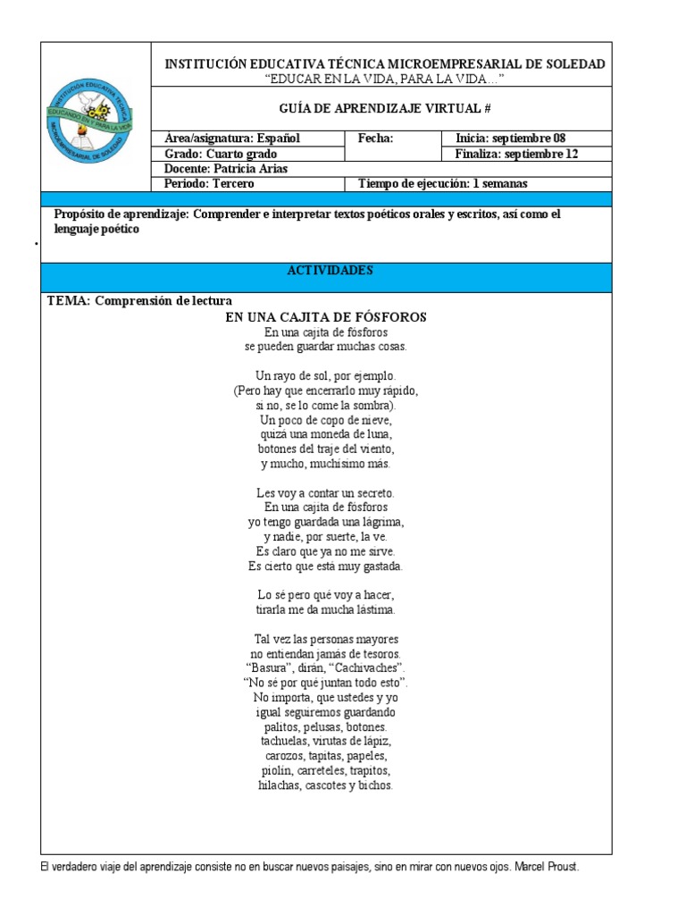 Comprensión de Poemas para Cuarto Grado | PDF | Educación avanzada | Poesía