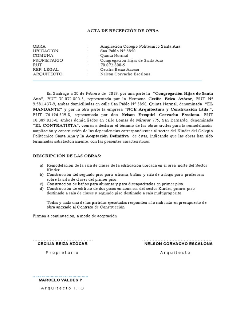 Acta de Recepcion de Obra | PDF