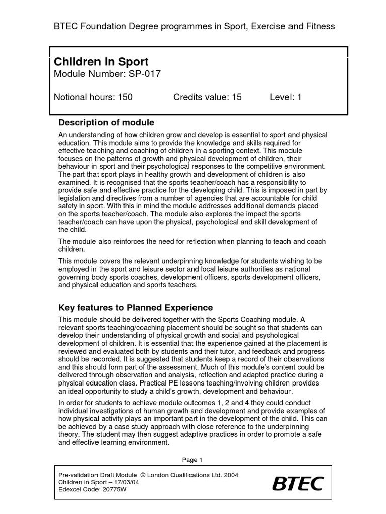 Children in Sport: Module Number: SP-017 | PDF | Sports | Teachers