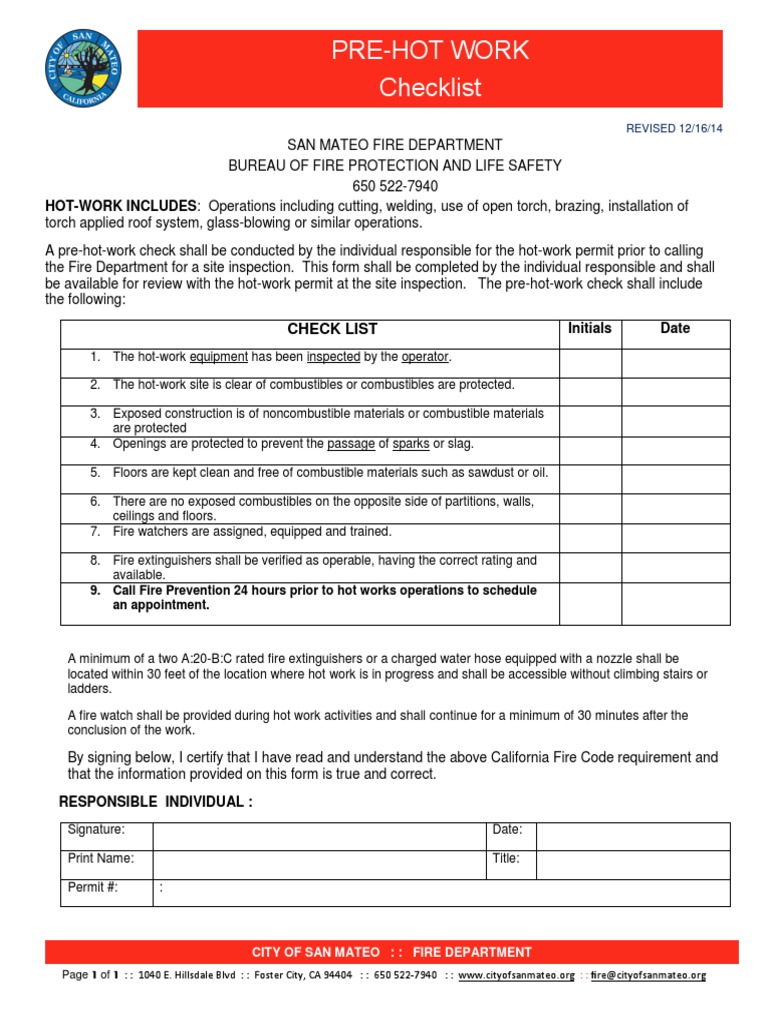 Pre-Hot Work Safety Checklist | PDF | Fire Safety | Fires