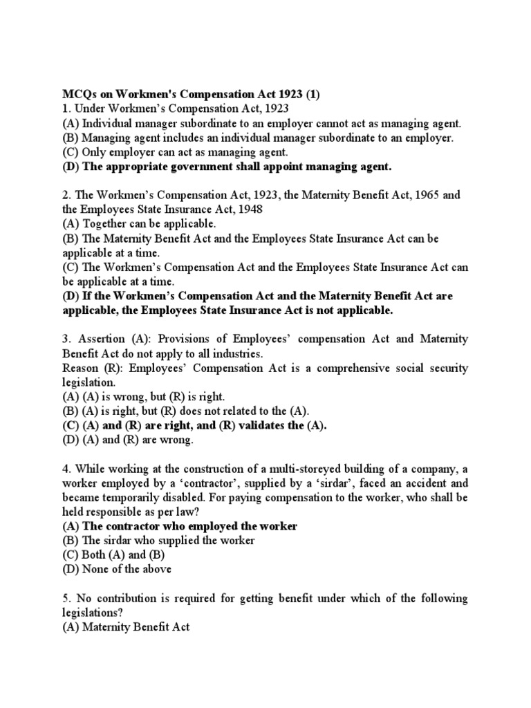 Chapter - 5 - c.MCQs On Workmen Compensation Act 1923 | PDF | Workers ...