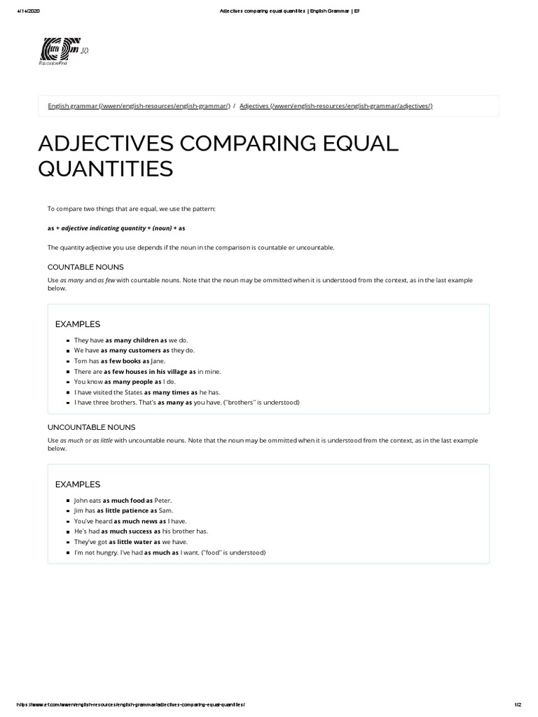 Adjectives Comparing Equal Quantities - English Grammar - EF | PDF