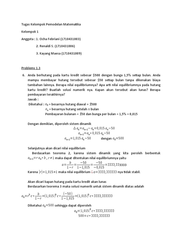 Tugas Kelompok 1 Pemodelan Matematika (Soal No 6,7,8 Problem 1.3 Buku ...