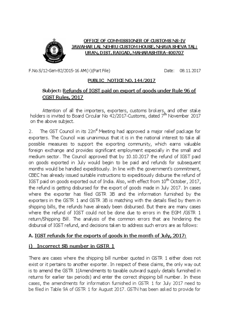 Office of Commissioner of Customs Ns-Iv Jawahar Lal Nehru Custom House ...