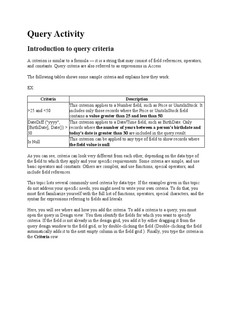 Query Activity: Introduction To Query Criteria | PDF | Data Type ...