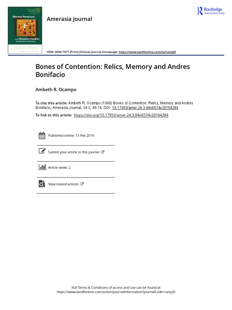 Bones of Contention: Relics, Memory and Andres Bonifacio: Amerasia Journal | PDF