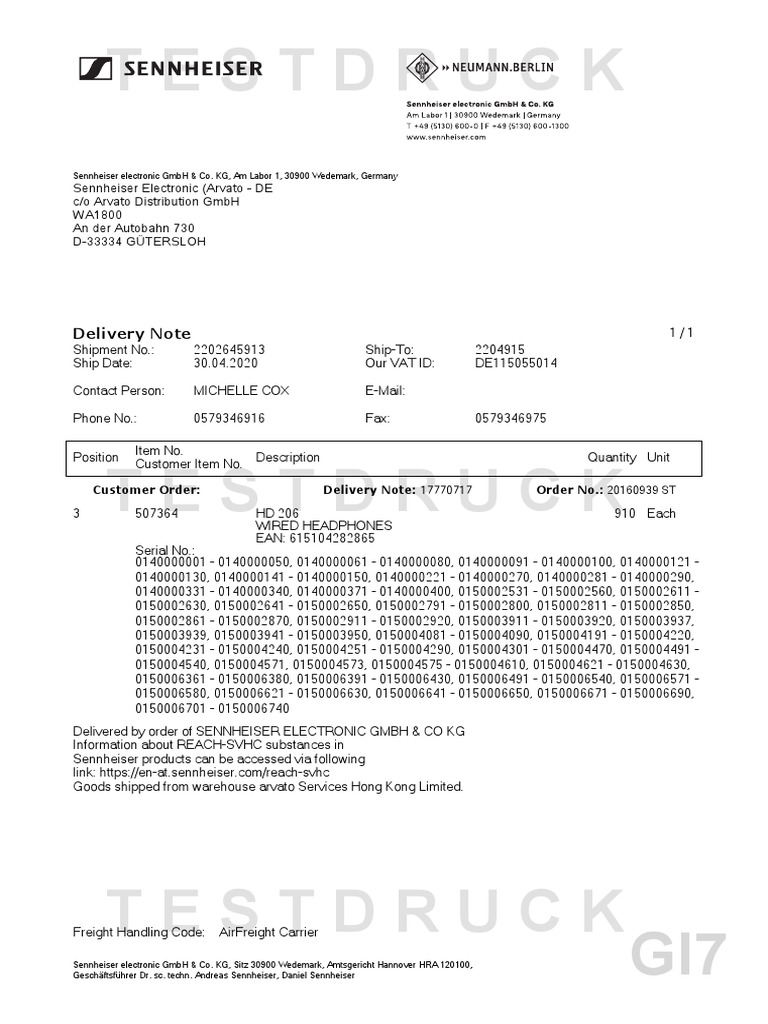 Testdruck: Delivery Note | PDF | Cargo | Transport