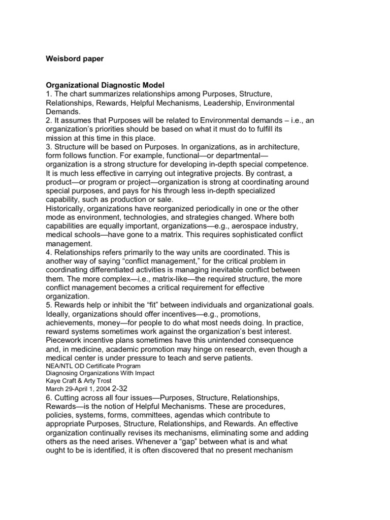 Understanding organizational structure and relationships using Weisbord ...