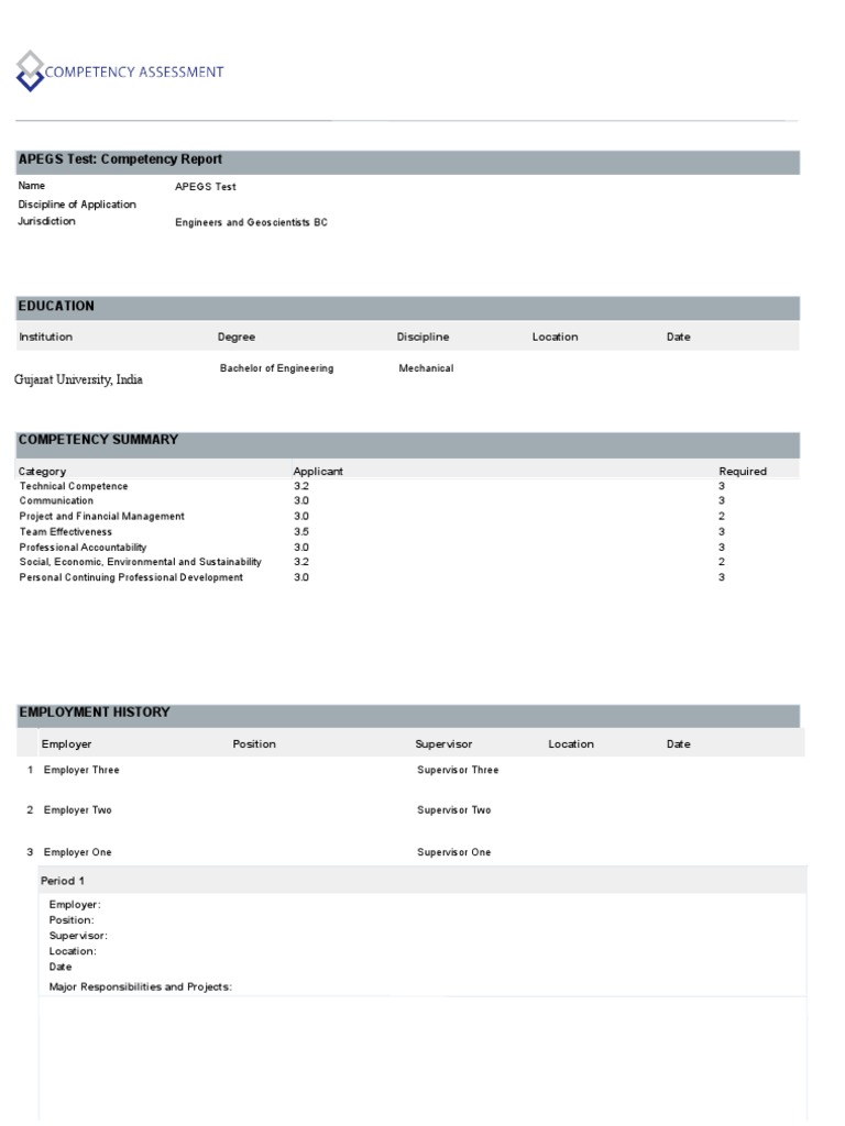 APEGS Test: Competency Report: Name Discipline of Application ...